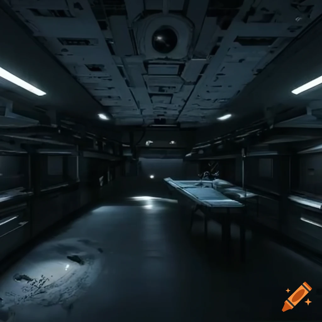 Dark space station with multiple chambers and uncanny shapes in distant ...