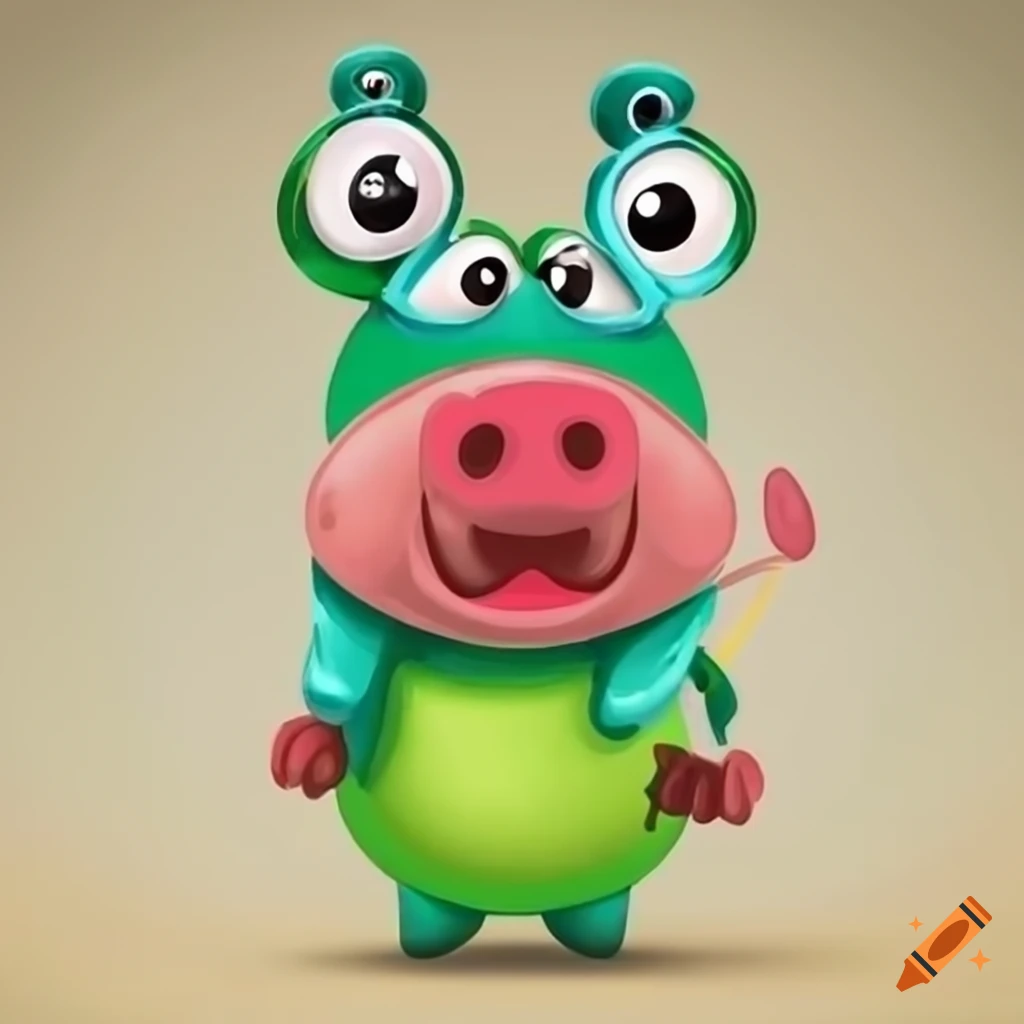 Adorable cartoon pig singing with a frog-shaped winter hat on Craiyon