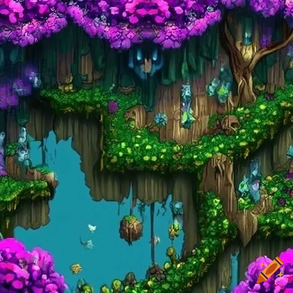 2d rpg maker tileset of a fairy forest with giant flowers, colorful ...