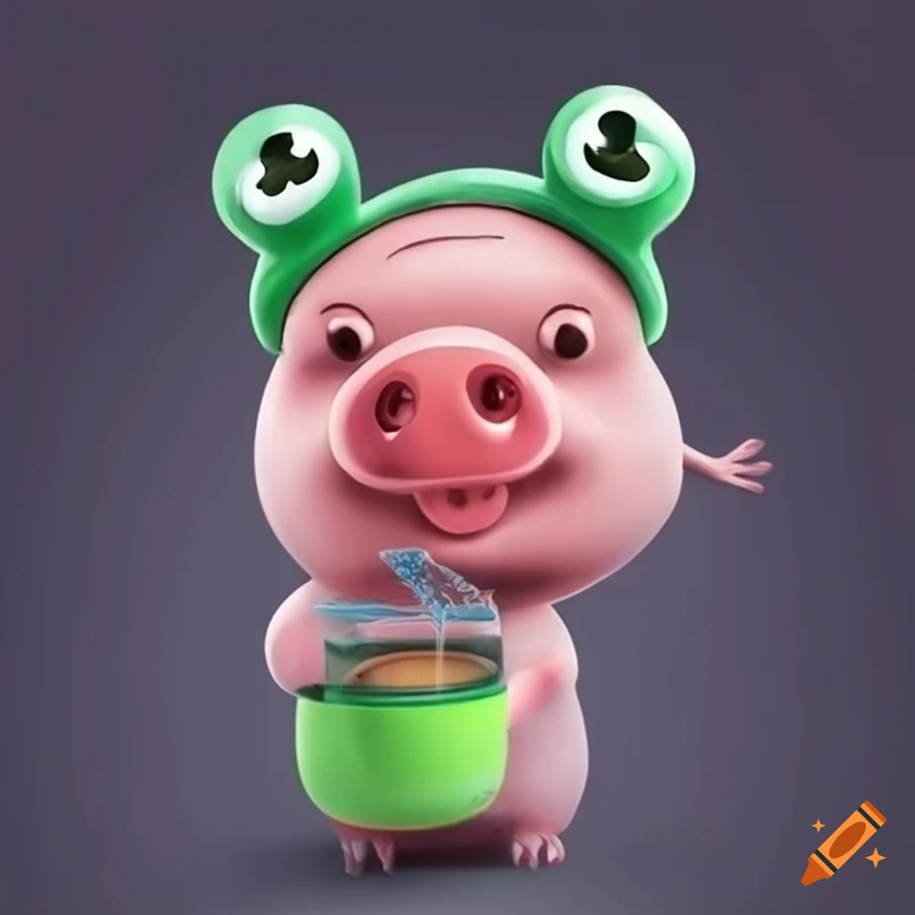 Cartoon pig in frog hat drinking milk on Craiyon