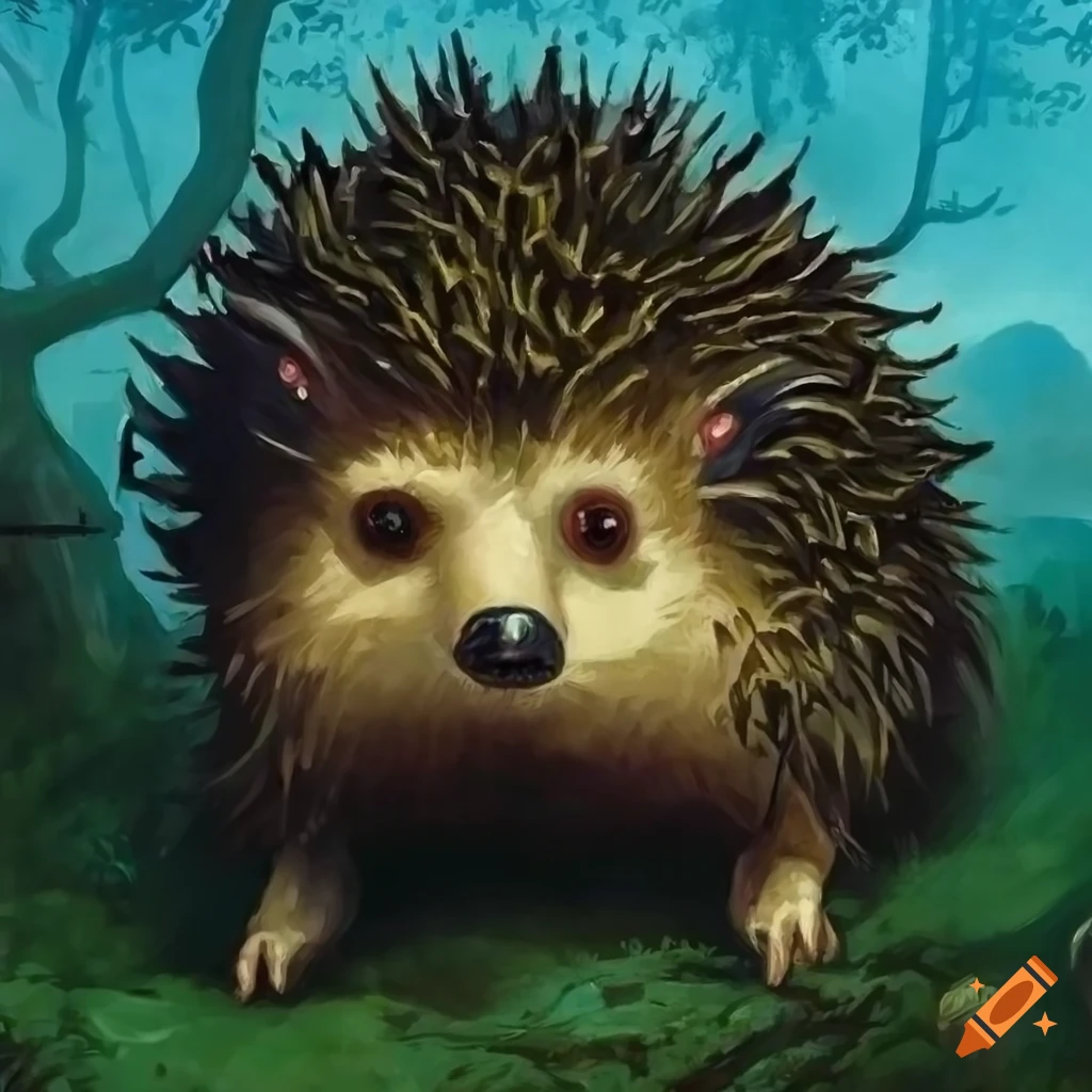 Hedgehog ogre under a tree in Magic: The Gathering art style on Craiyon