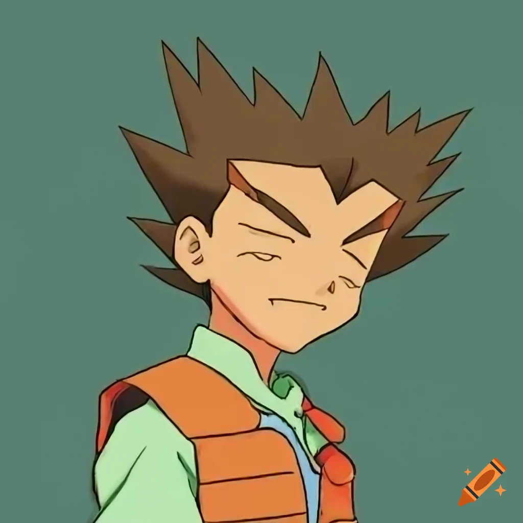 Brock from pokemon in orange vest and green shirt on white background ...