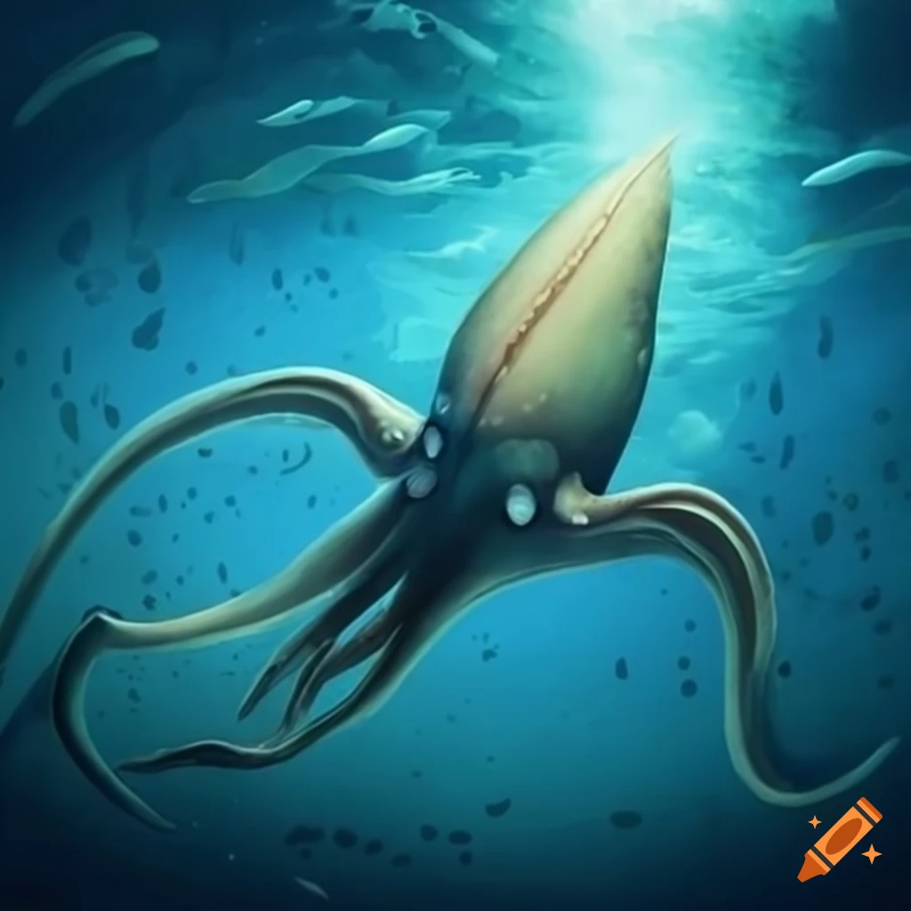 Illustration of a giant pale squid in its underwater lair on Craiyon