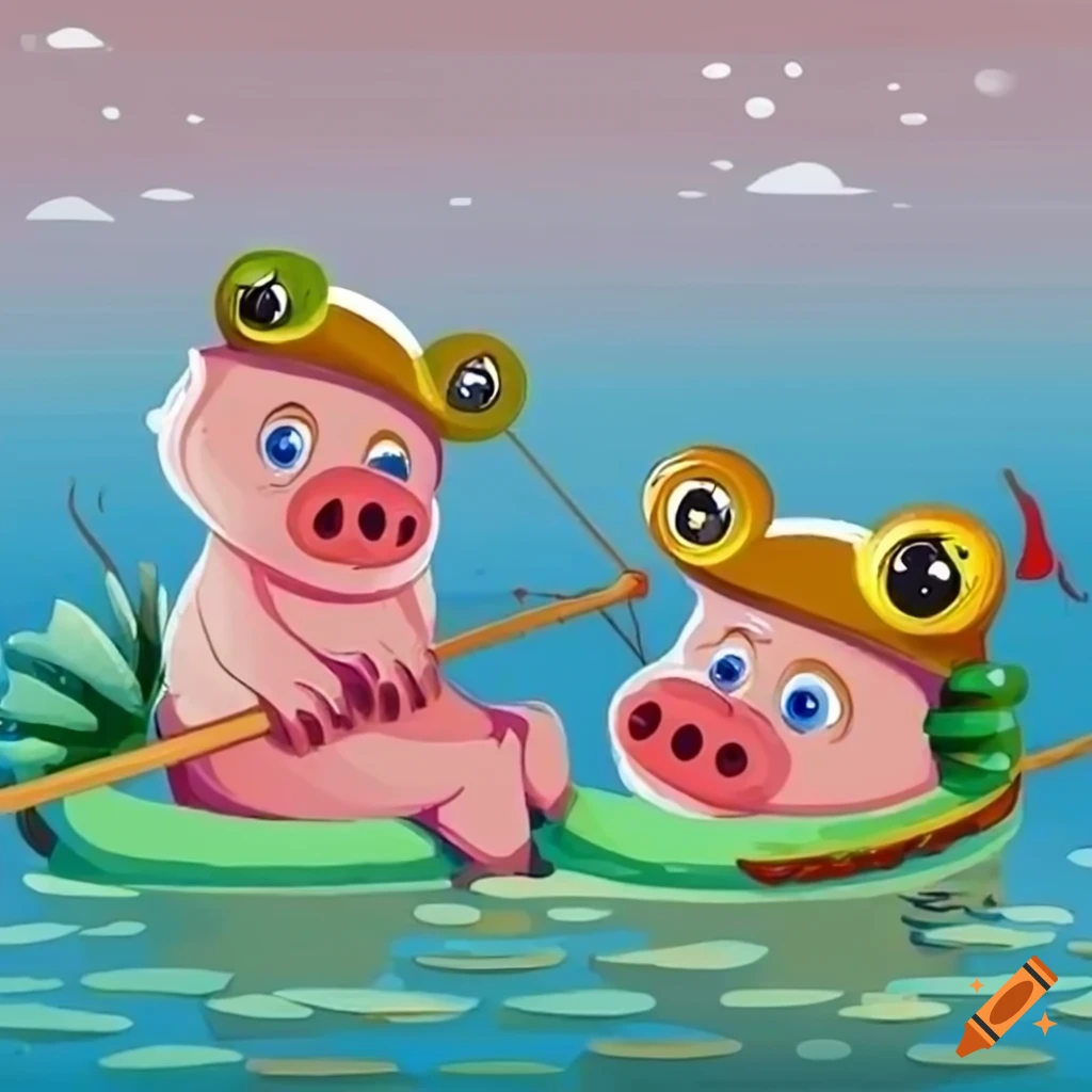 Cartoon pigs in frog hats fishing at the lake on Craiyon