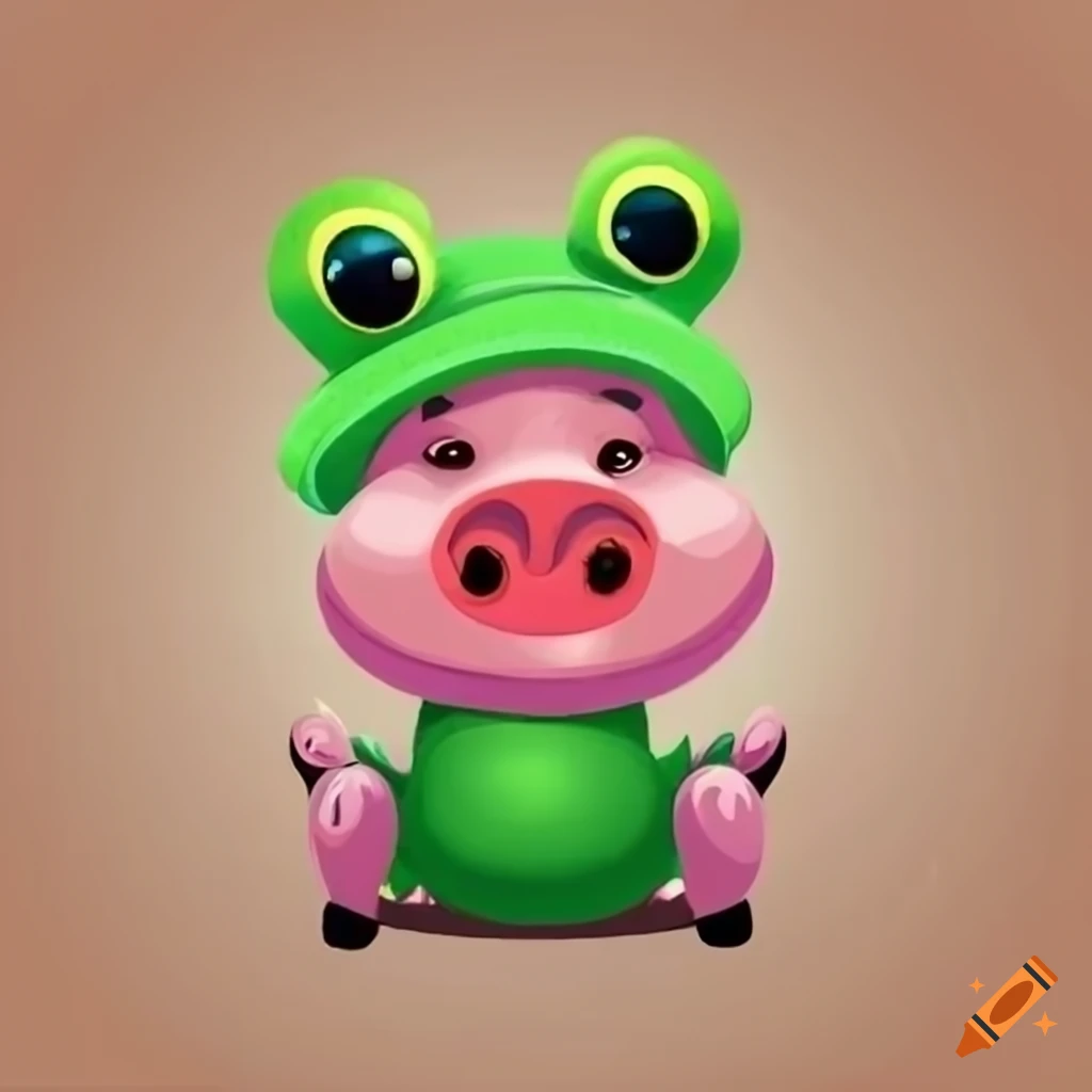 Cartoon pig in a frog hat sitting on a sofa on Craiyon