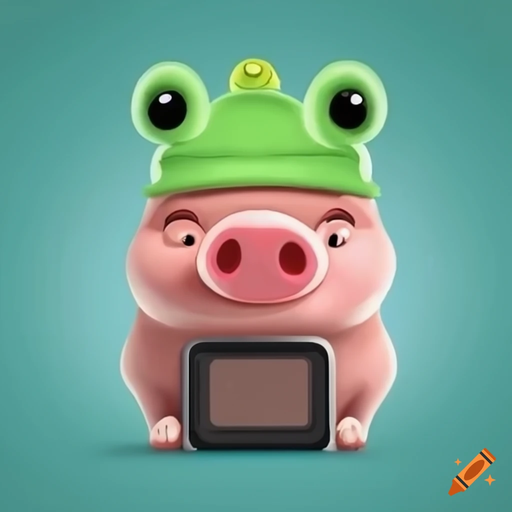 Cartoon pig in a frog hat watching tv on Craiyon