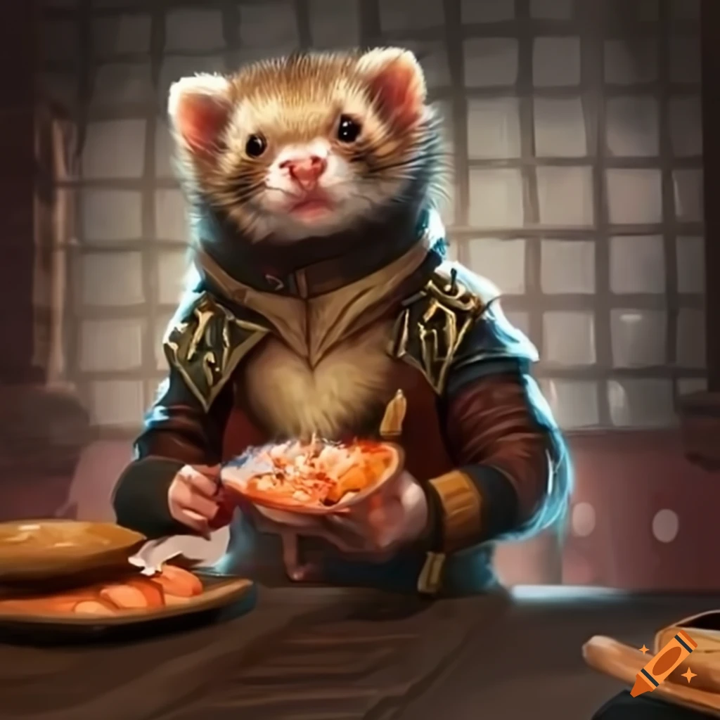 Ferret in fantasy rogue outfit eating prawns in a tavern on Craiyon