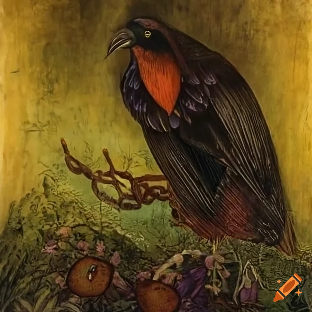 Raven in a forest garden at twilight with a hooded cloak of iridescent ...