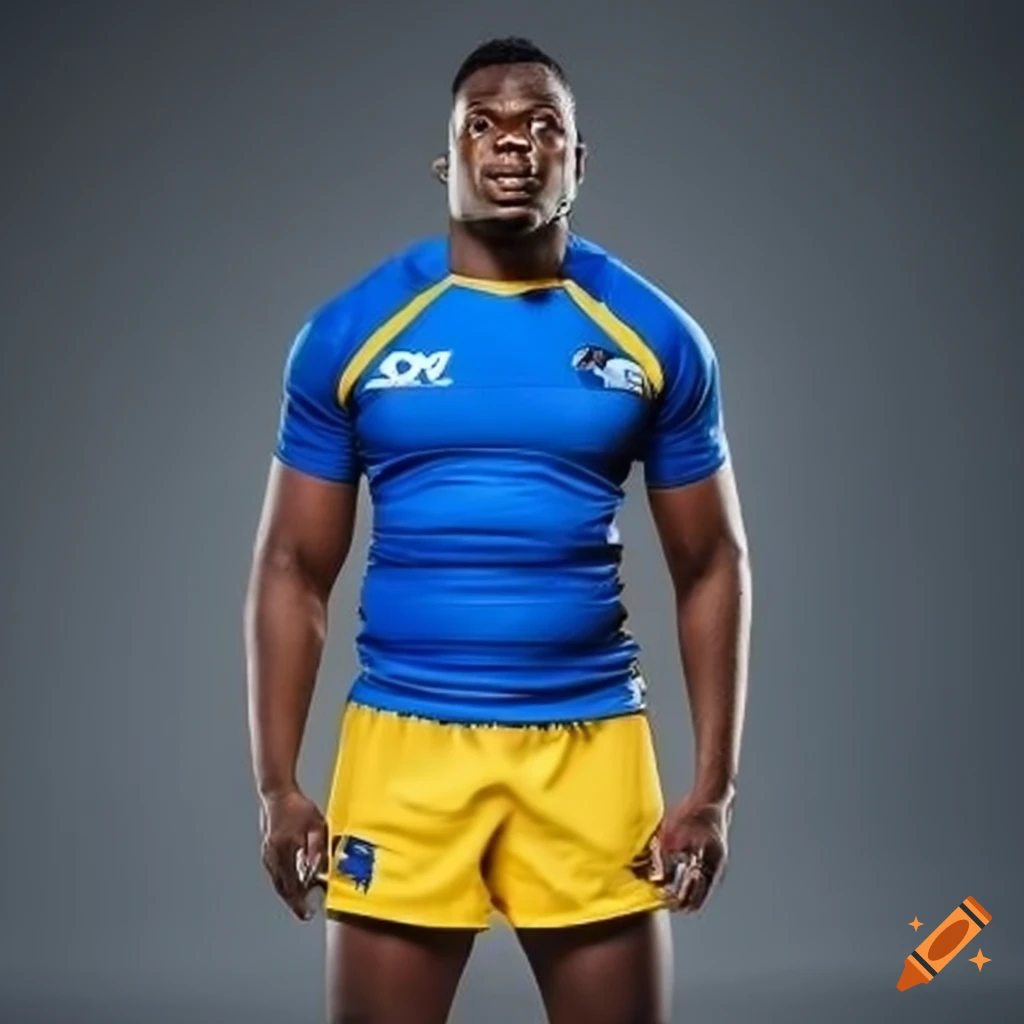 Black rugby player in royal blue and yellow kit on Craiyon
