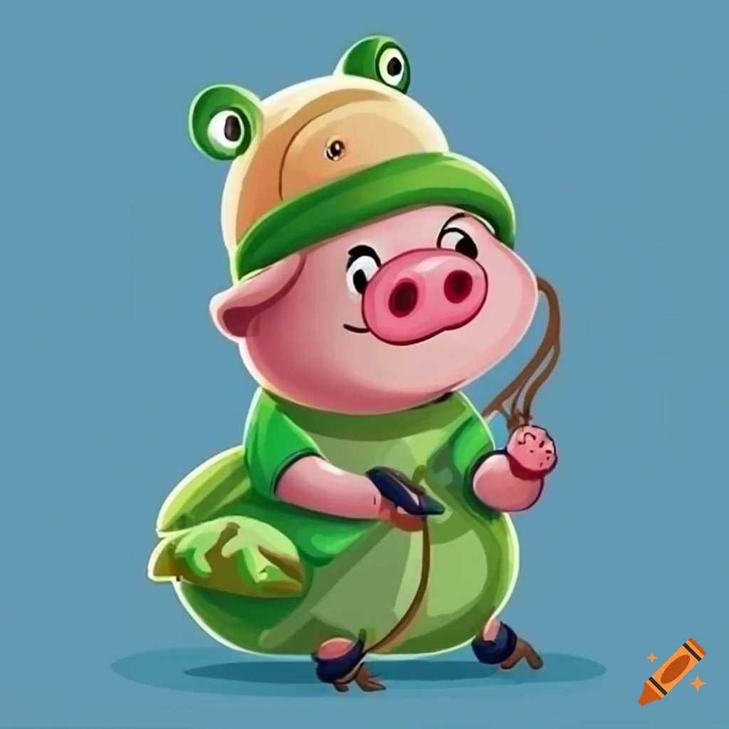 Cartoon pig in frog hat fishing on Craiyon