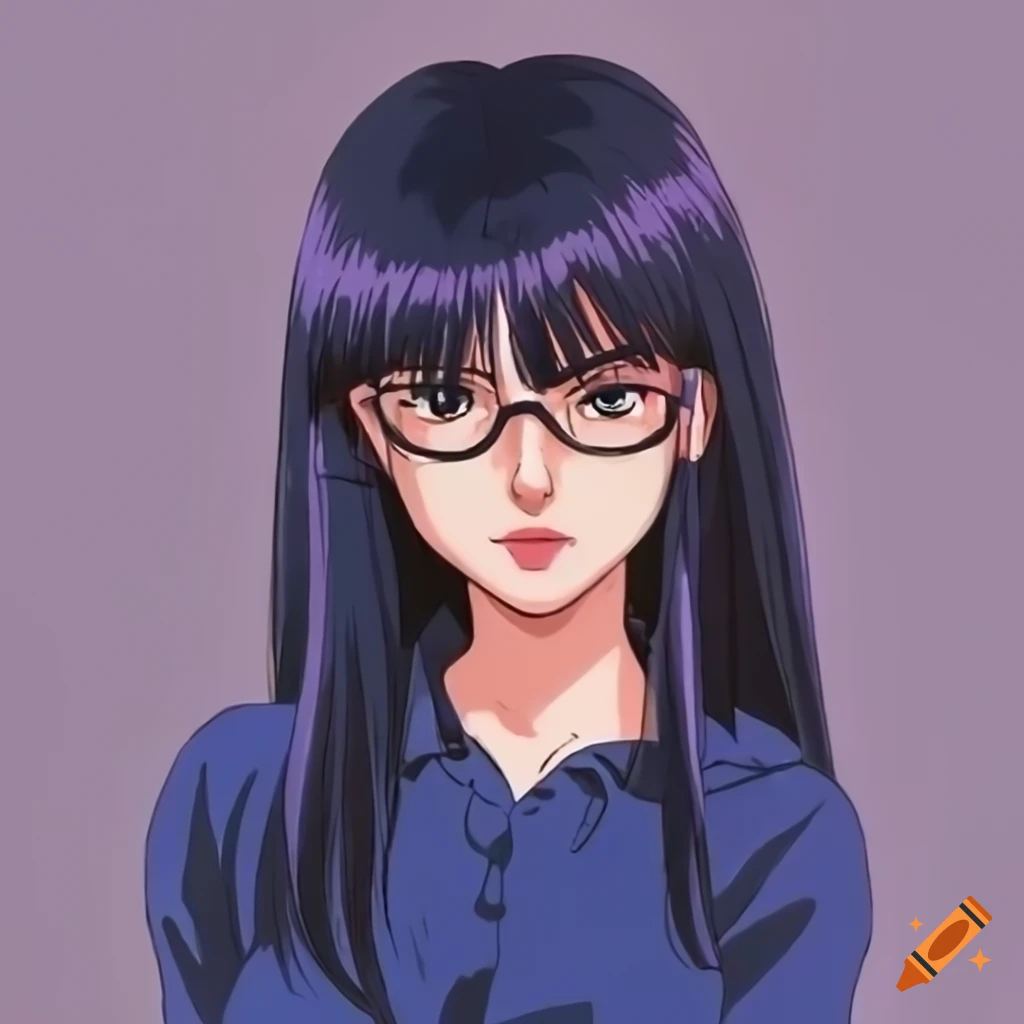 Female eyes in anime style with long black hair and oval glasses on Craiyon