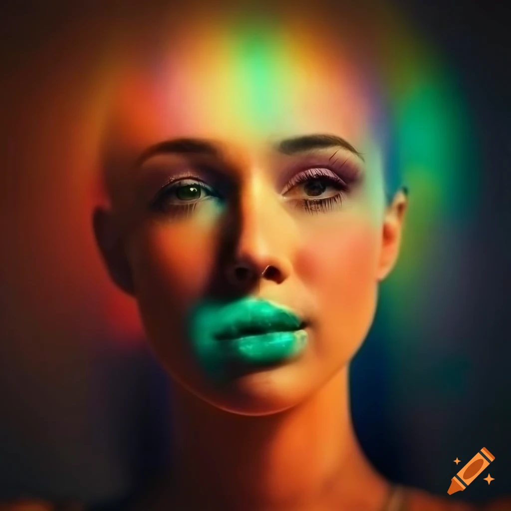 Eclectic beauty portrait with glowbow against a cloudy sky on Craiyon