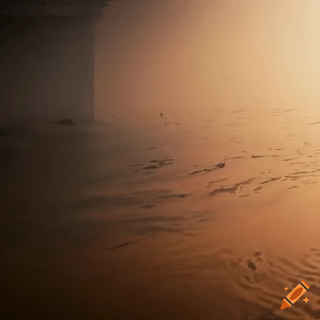 Texture of brown water with tips of buildings in sunny fog on Craiyon