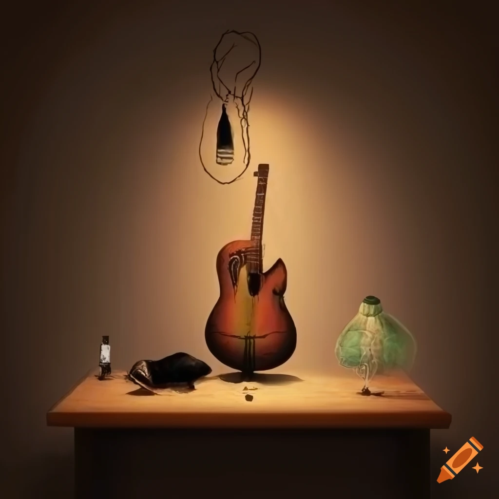 Dimly lit room with paper, pen, and messy canvas on Craiyon