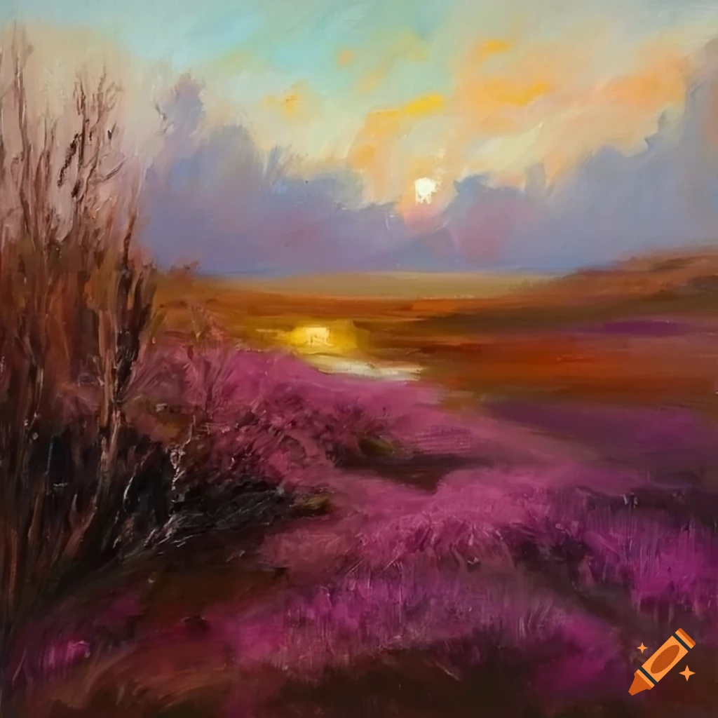 Field with blooming heather in an oil painting on Craiyon