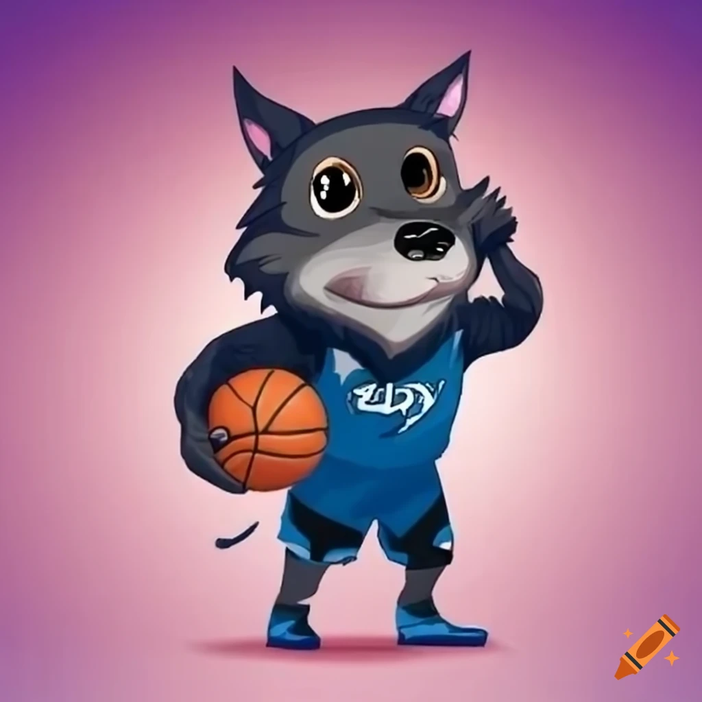 Cartoon wolf playing basketball in a timberwolves jersey on Craiyon