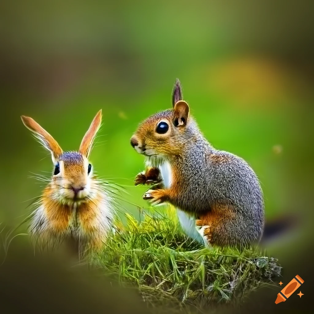Squirrel and rabbit having a picnic in a scenic grassy area with ...