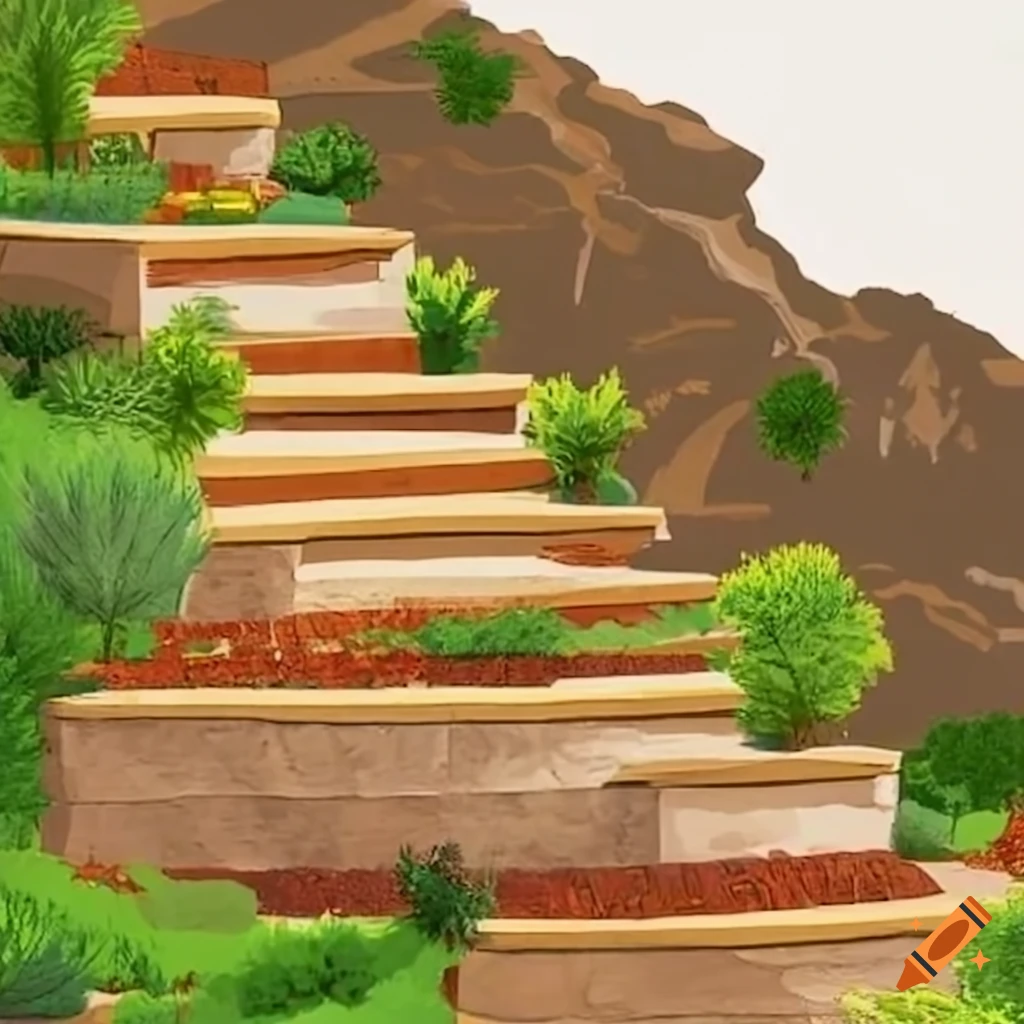 Stepped terraces carved into hillside supported by retaining walls on ...