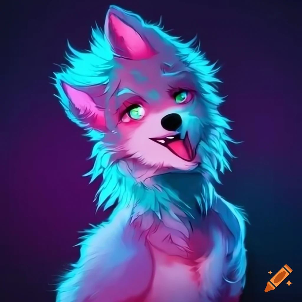 Furry male coyote character in neon colors with cute vibes on Craiyon