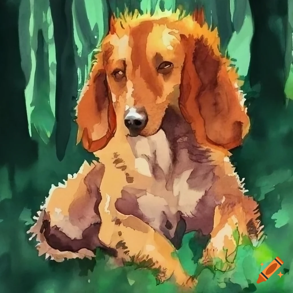 Dog in the woods watercolor illustration on Craiyon