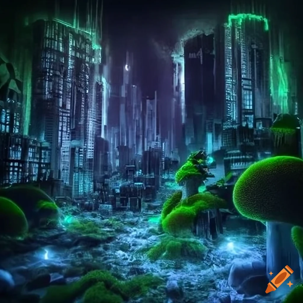 Glowing biopunk cityscape with green moss, plants, mushrooms, and ...