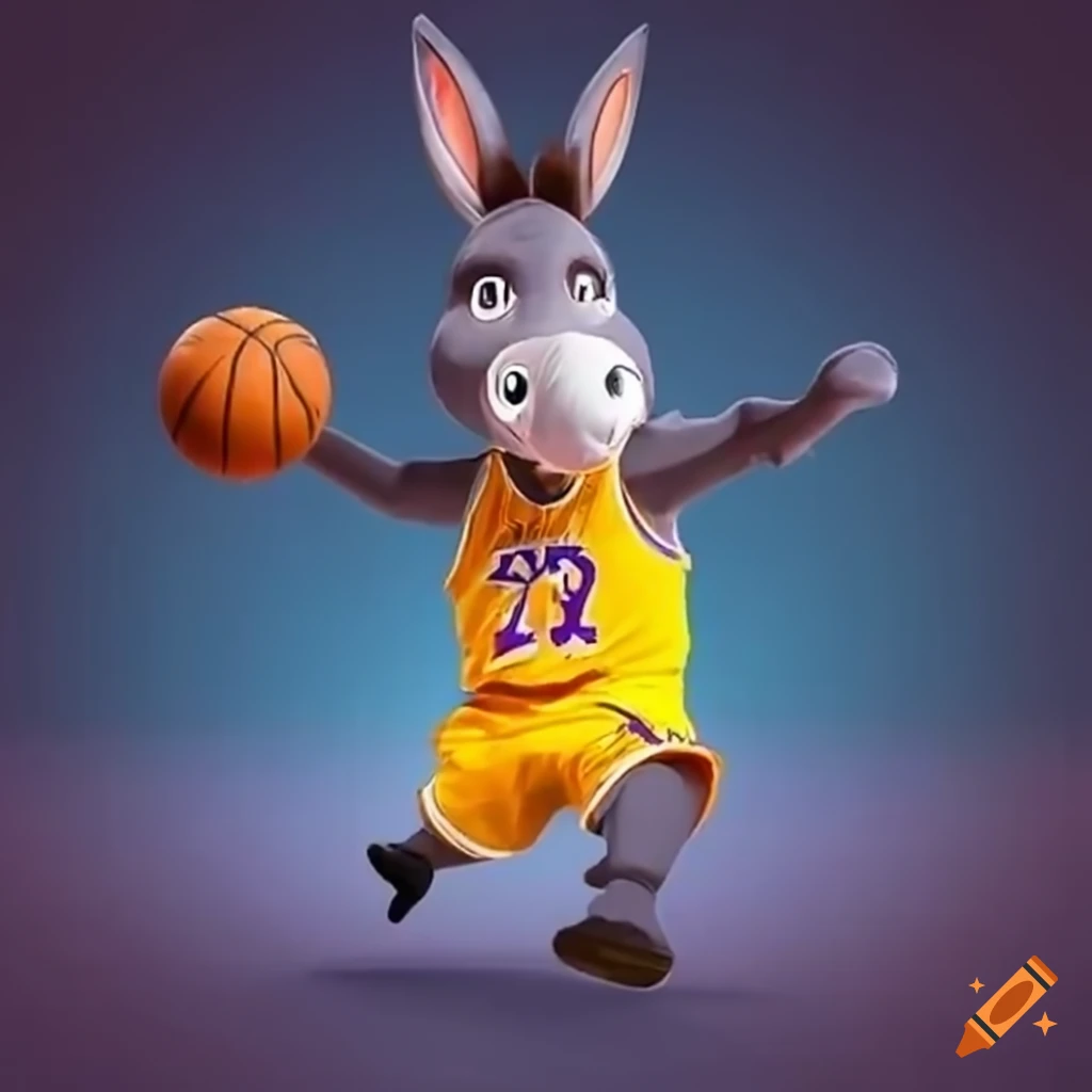 Cartoon donkey playing basketball in los angeles lakers jersey on Craiyon