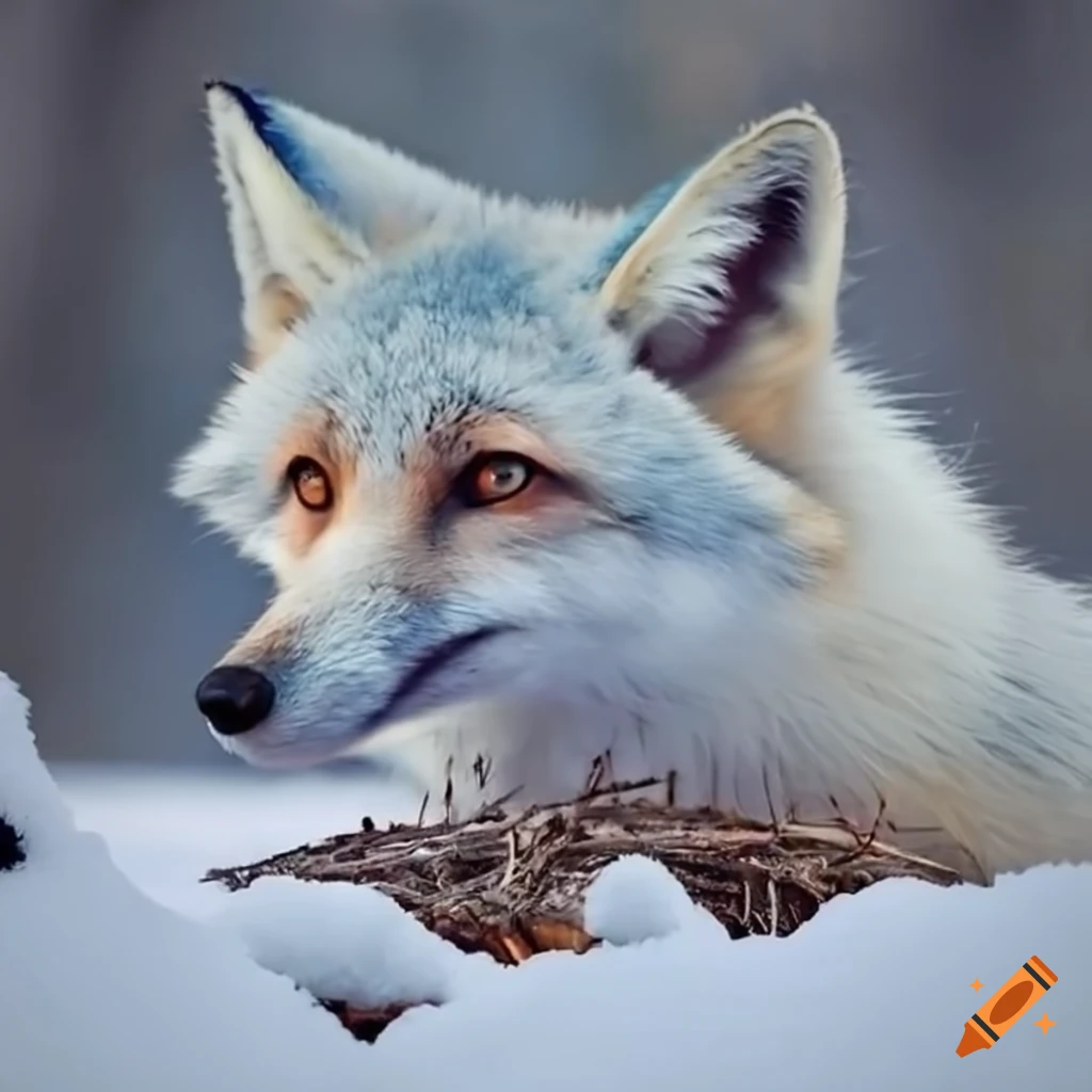 White blue fox near a fire pit in the snow on Craiyon