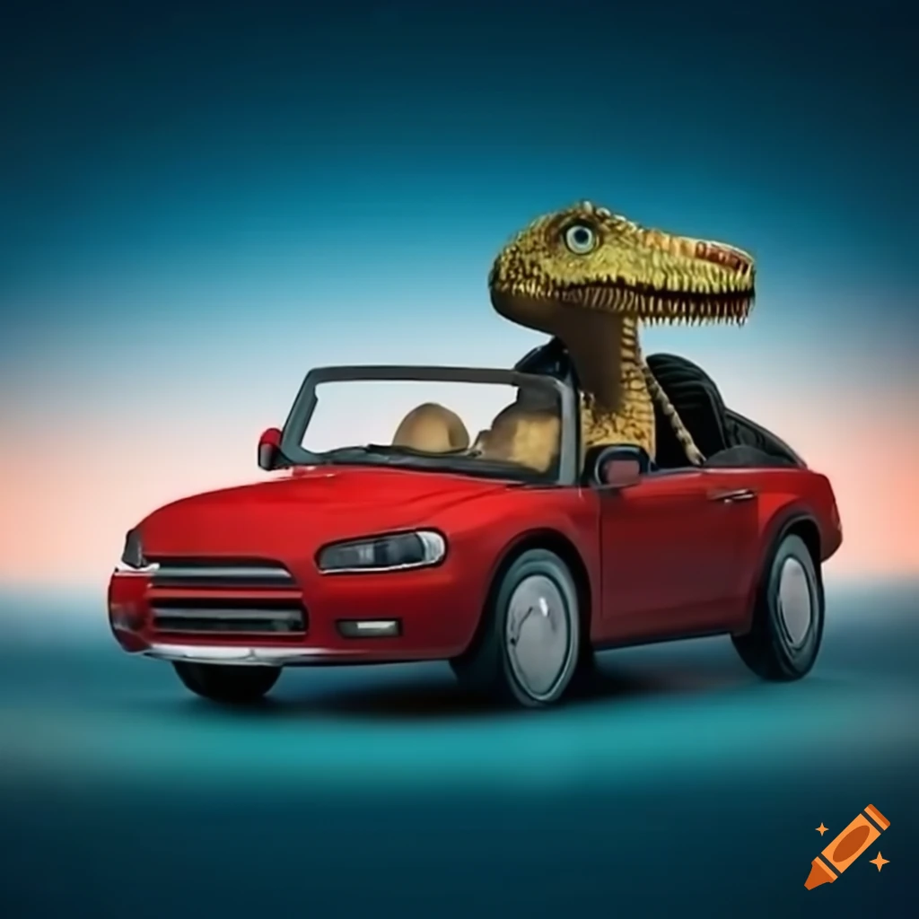Dinosaur driving a convertible car on Craiyon