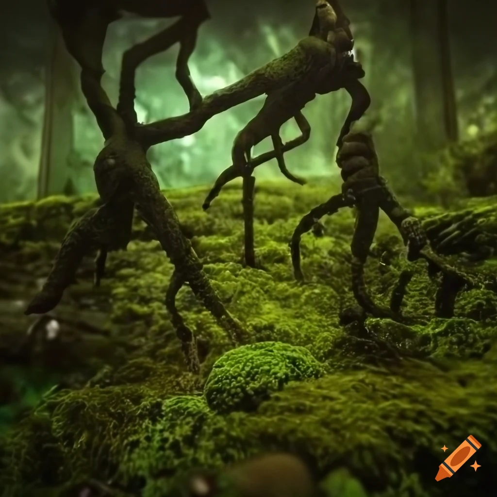 Glowing biopunk cityscape with moss, plants, mushrooms, and cyborg ...