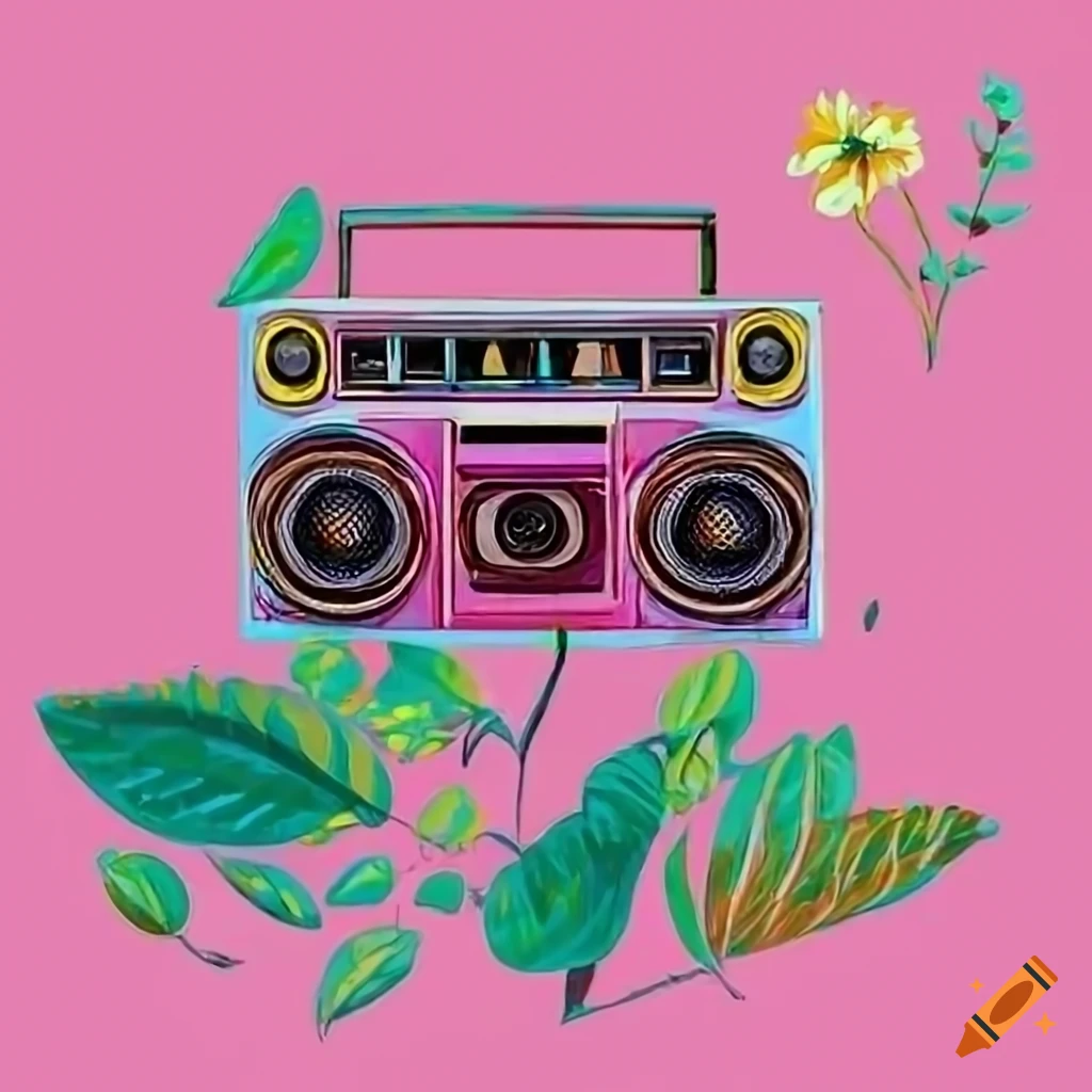 Boombox with plants and flowers growing out on pink background on Craiyon