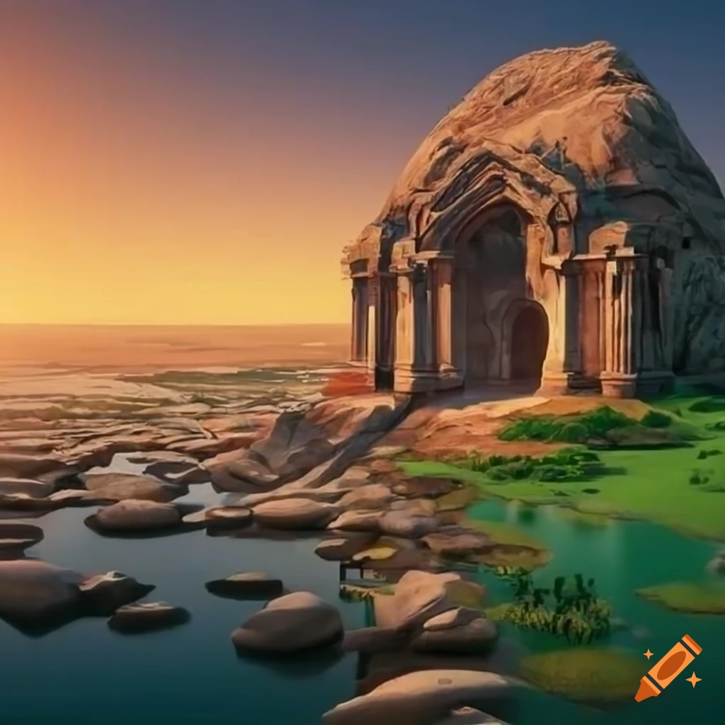 Stone-built medieval temple in a barren rocky landscape with man-made ...