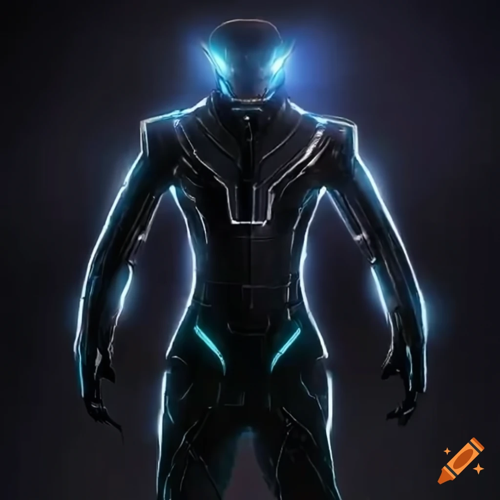 Photon pulse in a sleek suit with glowing energy lines for enhanced abilities on Craiyon