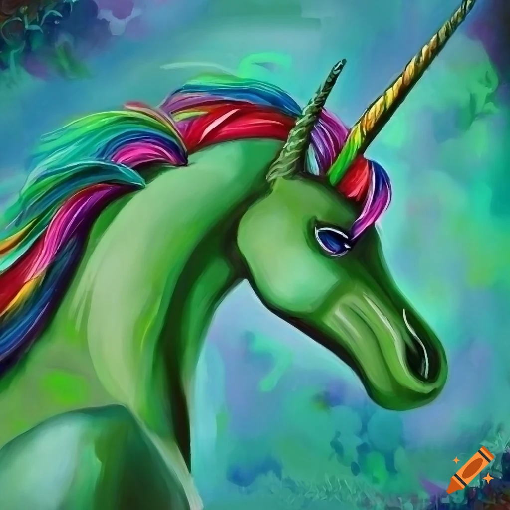 Green unicorn riding a bike in an art painting on Craiyon