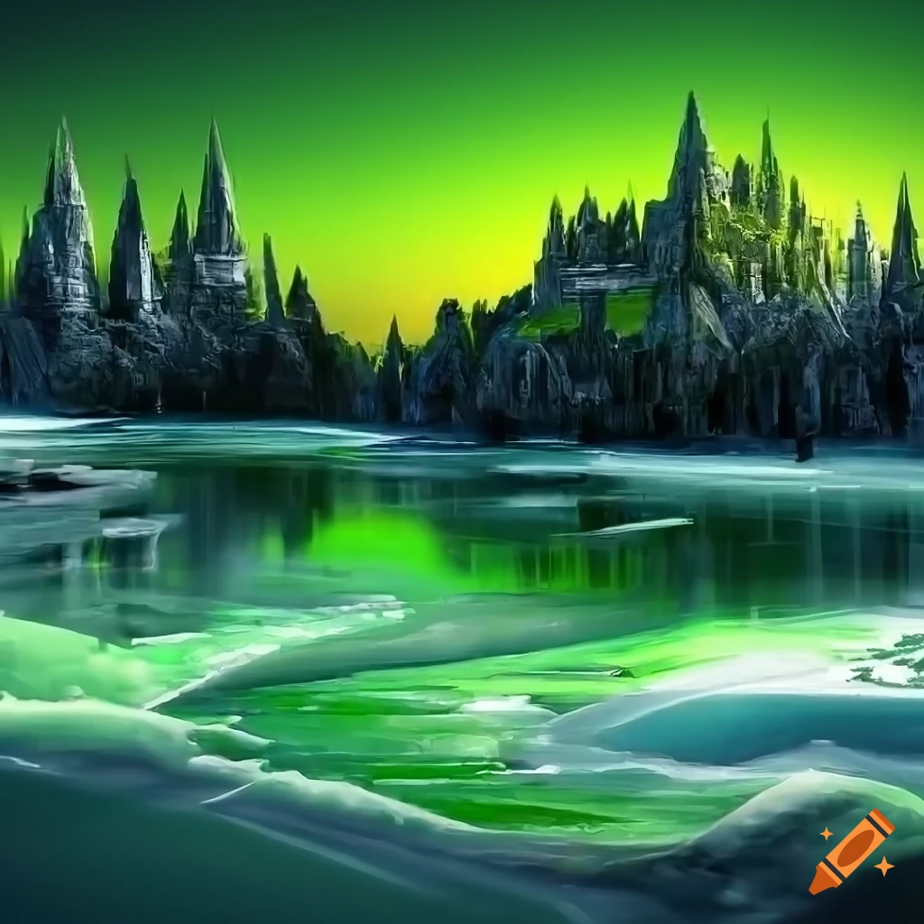 Radioactive landscape with icy rivers and temples in high resolution on ...
