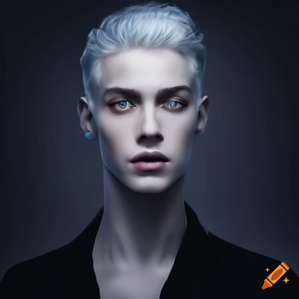 Elegant man with fair skin, white hair, and silver glowing eyes on Craiyon