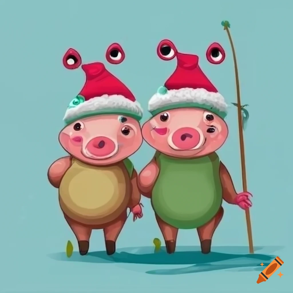 Cartoon pigs in frog hats fishing on Craiyon