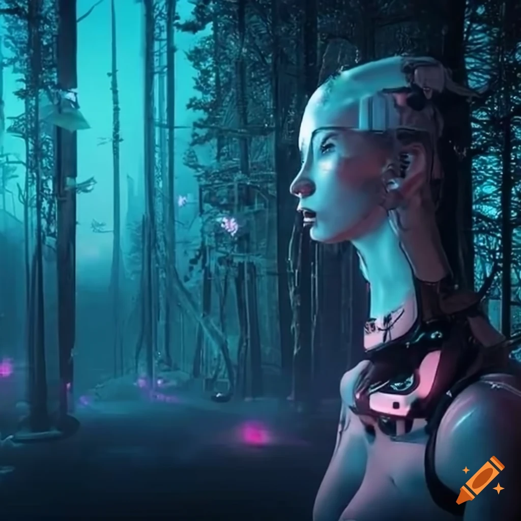 Urban forest in a futuristic world with humans and cyborgs dancing to ...