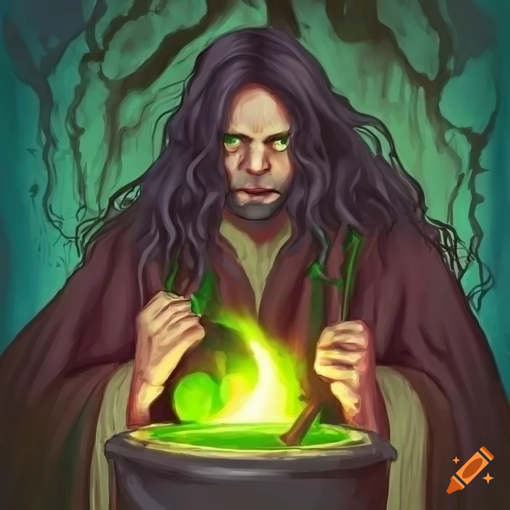 Wizard mixing ingredients in a cauldron in dark fantasy comic-book ...