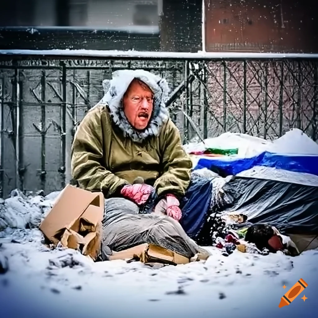 Satirical portrait depicting donald trump as homeless under a bridge in ...