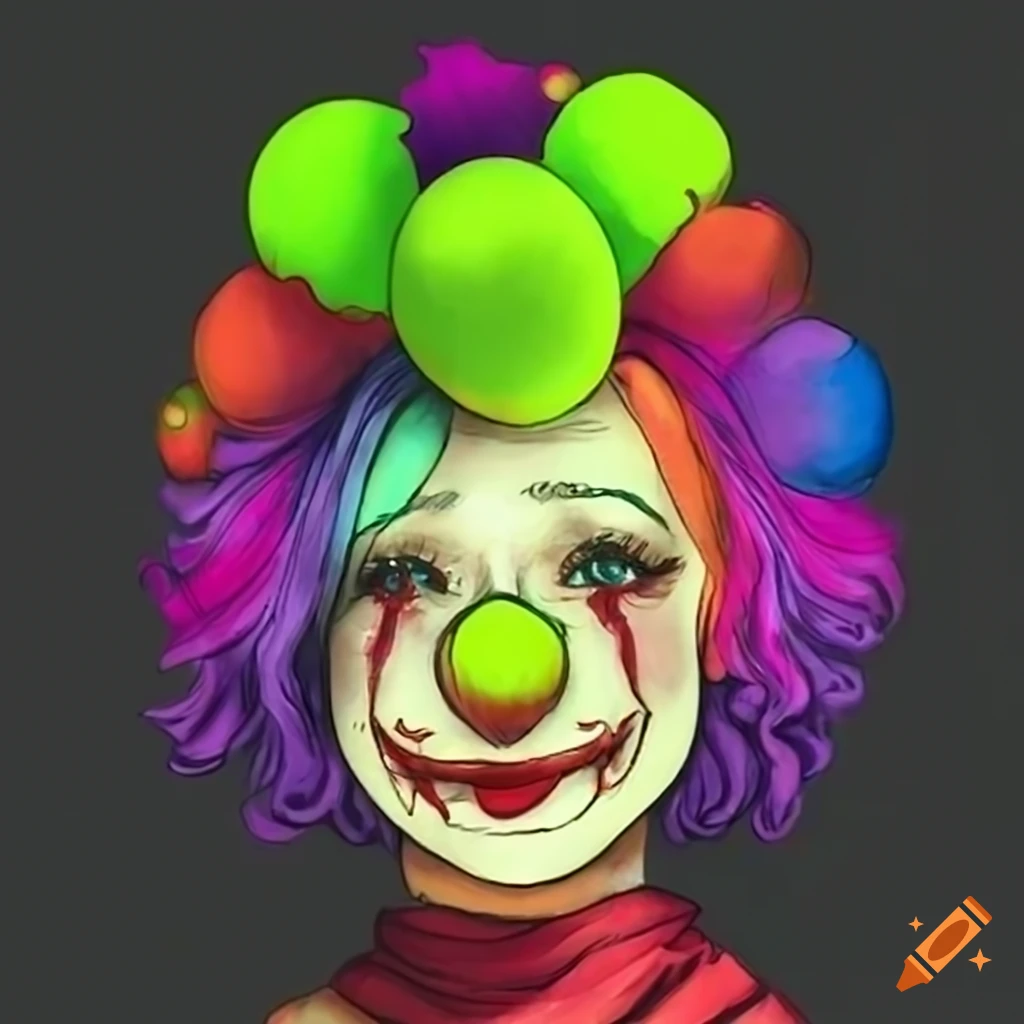 Smiling female clown with colorful hair and ruffled shirt on Craiyon