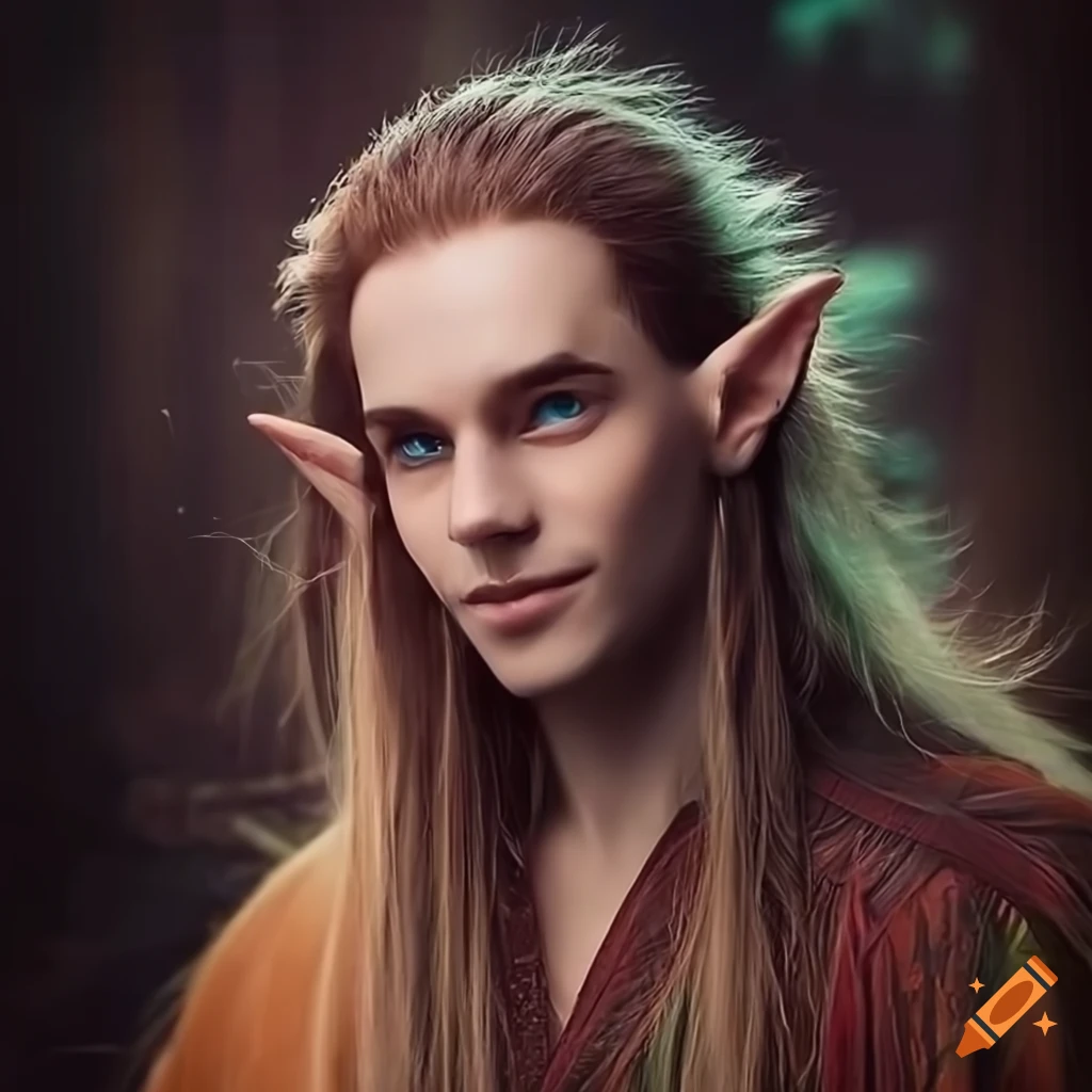 Smiling male elf in colorful garments in a mystical forest setting on ...