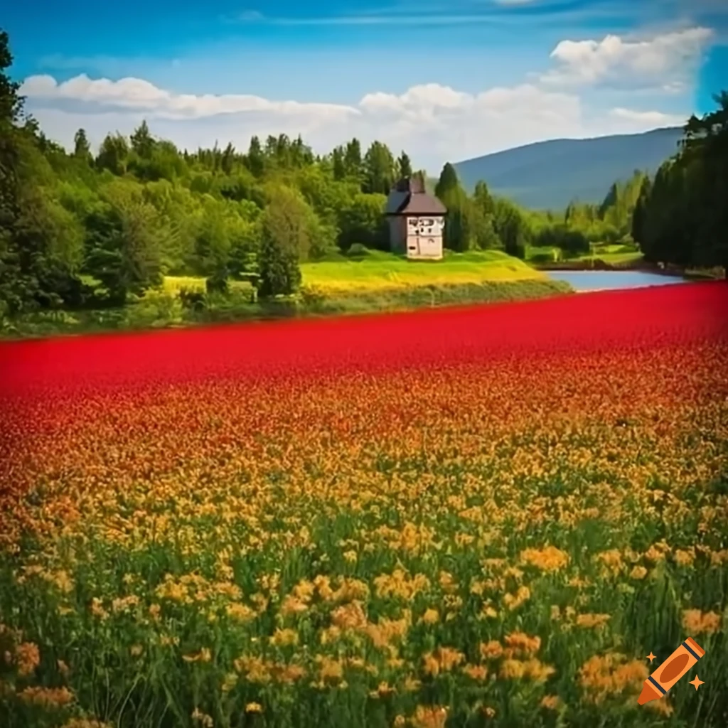 Beautiful utopian village on a summer day with a tower in the distance ...