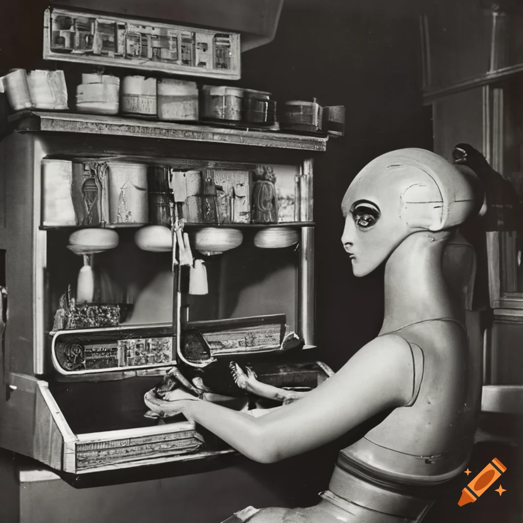 Vintage 1920s photograph of alien robots working in an ice cream store ...