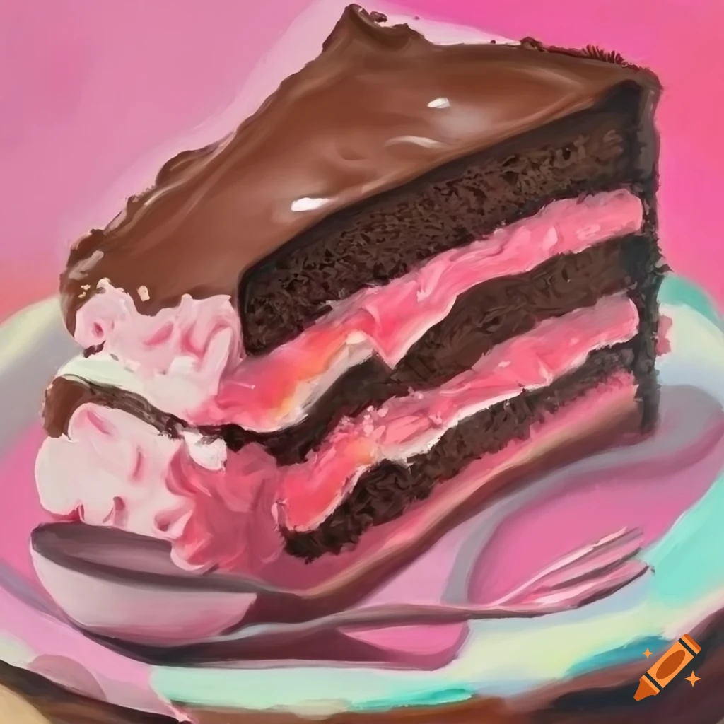 Slice of chocolate cake with pink frosting and a bite taken out on Craiyon