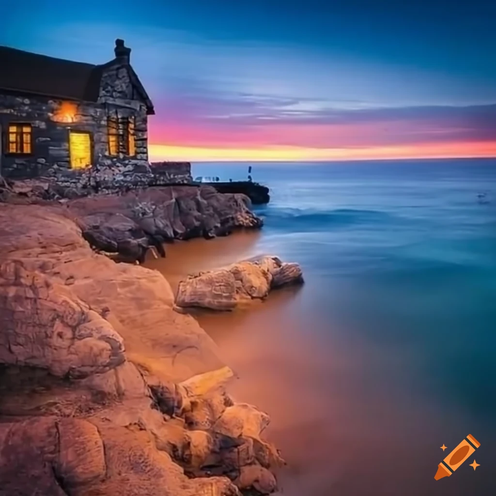 Stone cottage overlooking the ocean at sunset on Craiyon