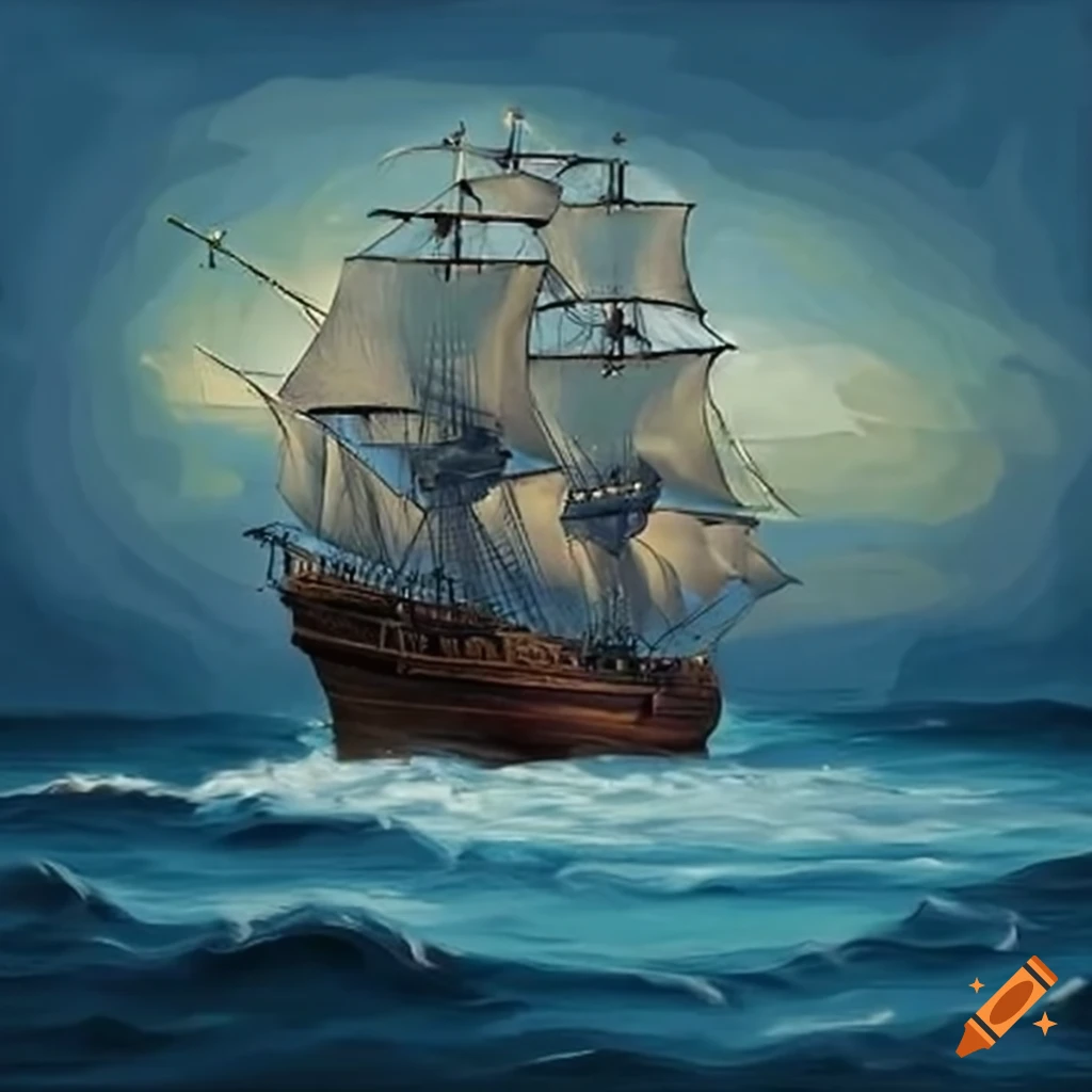 Noble captain steering a historic sailing ship in the vast ocean on Craiyon