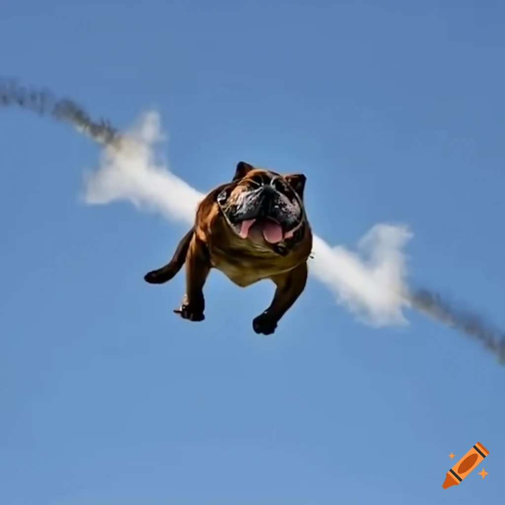 Bulldog with jetpack flying through the sky wearing goggles on Craiyon