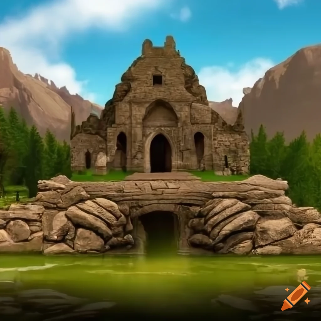 Stone-built medieval temple in barren rocky landscape with man-made ...