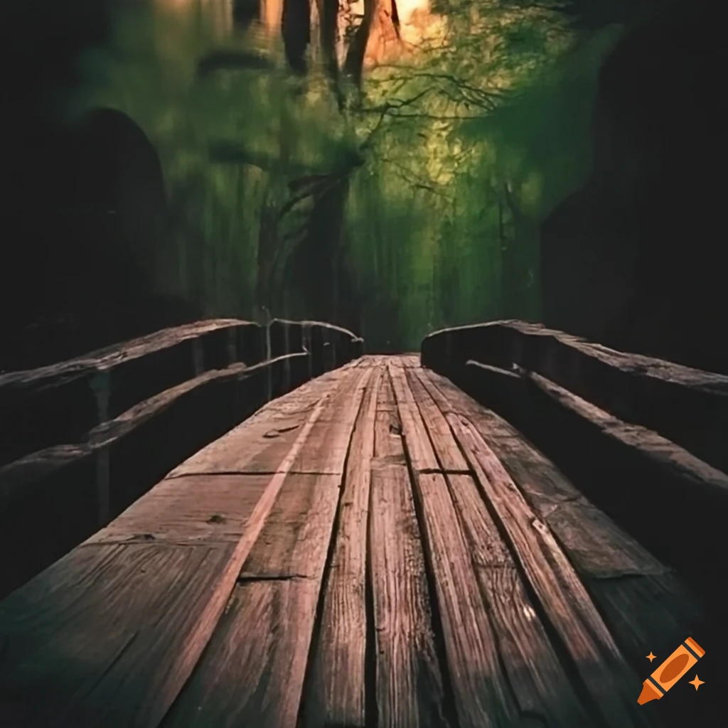 Old wood plank bridge over a lagoon on a dirt road in Florida captured ...