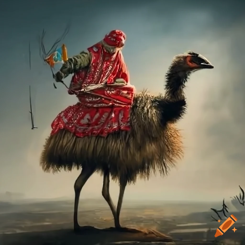 Soldier riding an emu with a red and white kuffiyeh into battle on Craiyon